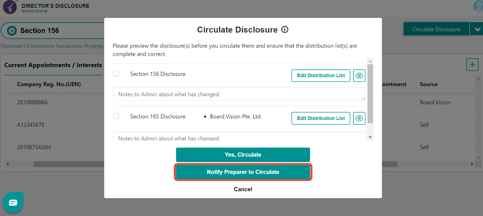 How to Notify a Preparer to Circulate a Disclosure : Board.Vision