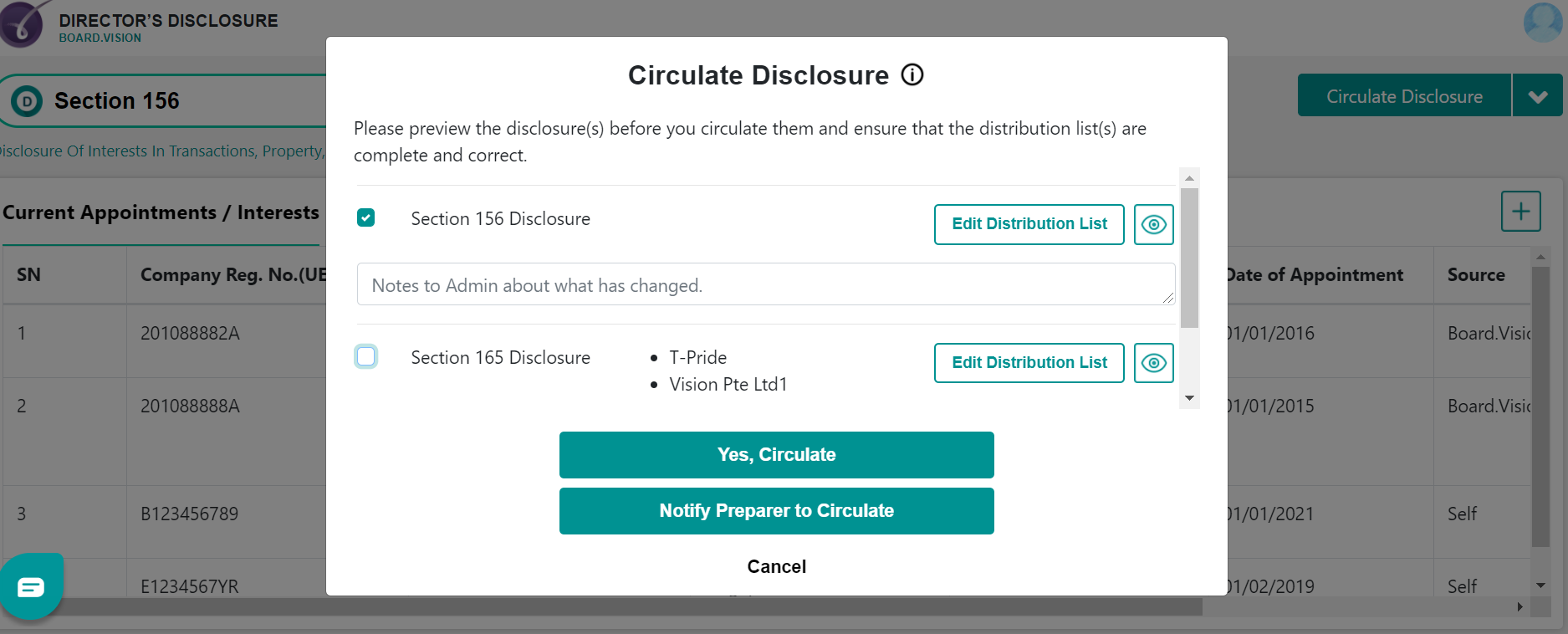 How to Notify a Preparer to Circulate a Disclosure : Board.Vision