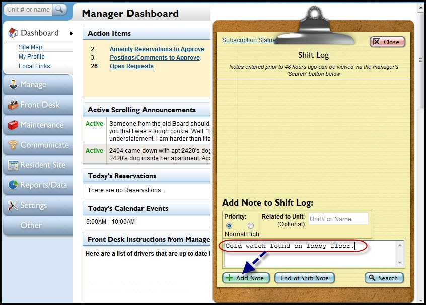 Shift Log : Staff Help Site