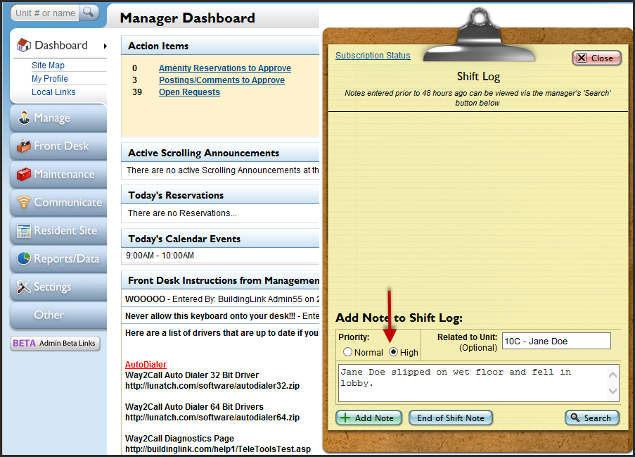 Shift Log : Staff Help Site
