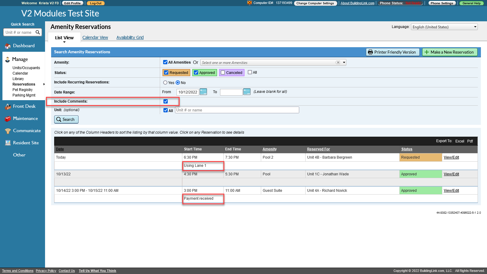 Product Update: Amenity Reservation List : Staff Help Site