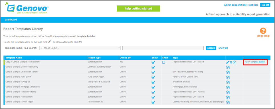 Preloaded report templates / example reports