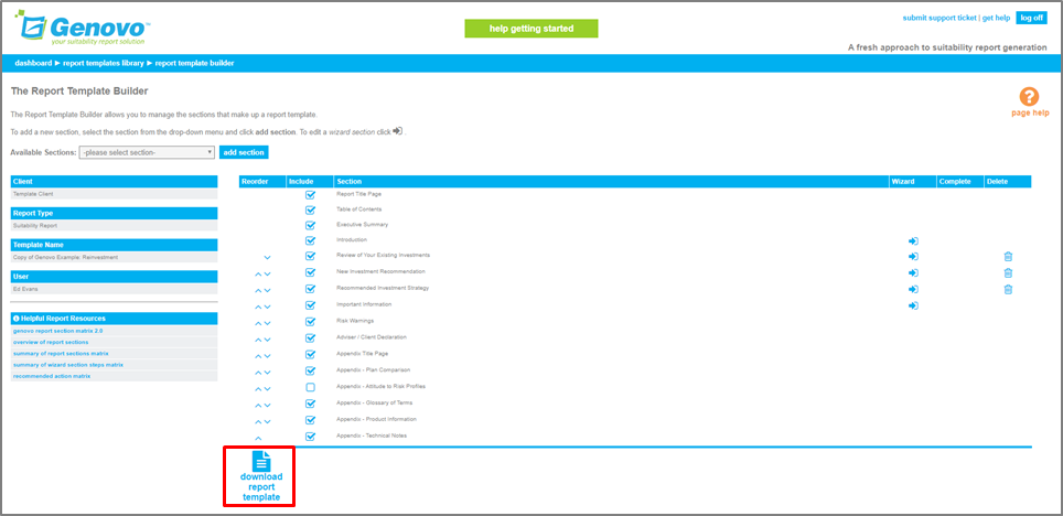 Preloaded report templates / example reports