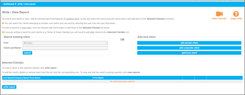 How do I create a report for an existing or new client?