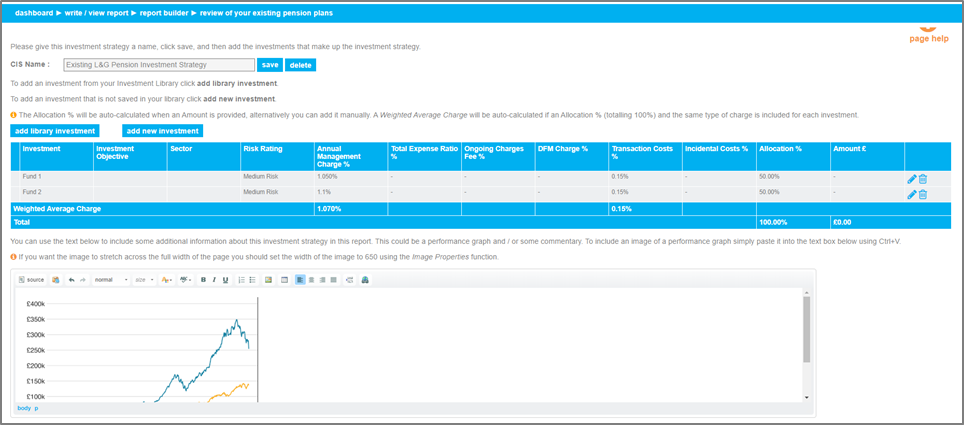 How and where can I add investment performance graphs into my reports?