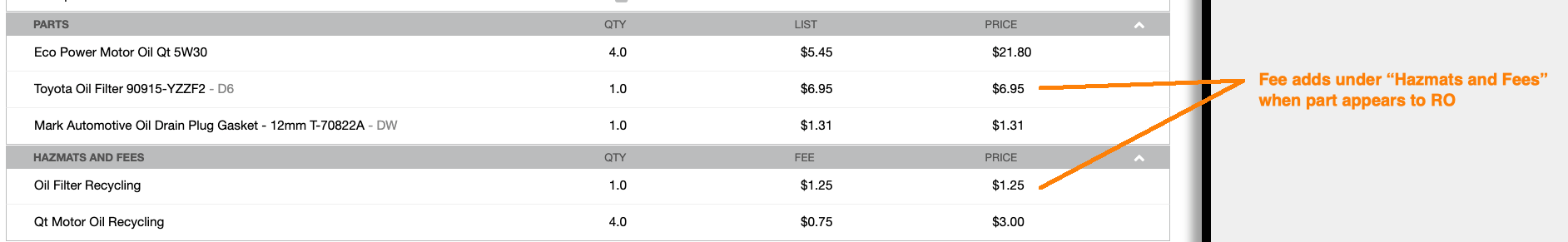 Associated Parts Fees