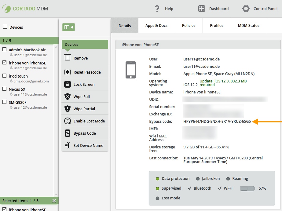 Provide bypass code for iOS devices : Cortado Mobile Solutions