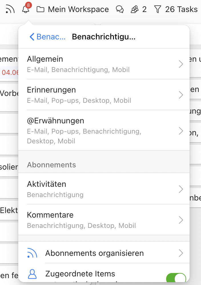 Benachrichtigungen verwalten | Zenkit Base Helpdesk : Zenkit