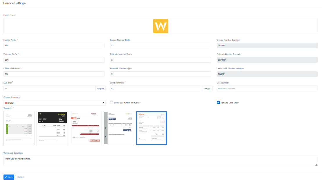 Finance settings - Ezi Soft Code