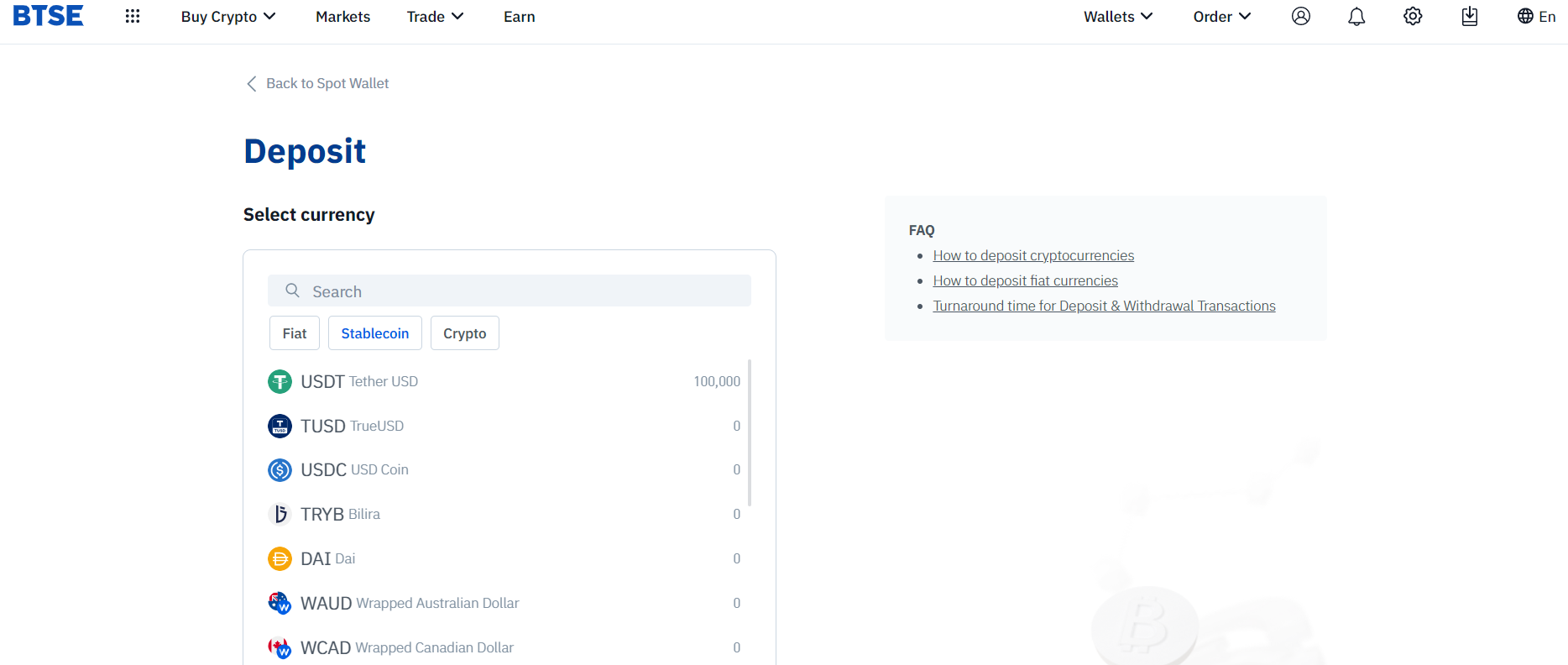 Deposit Fiat Currencies : BTSE Support