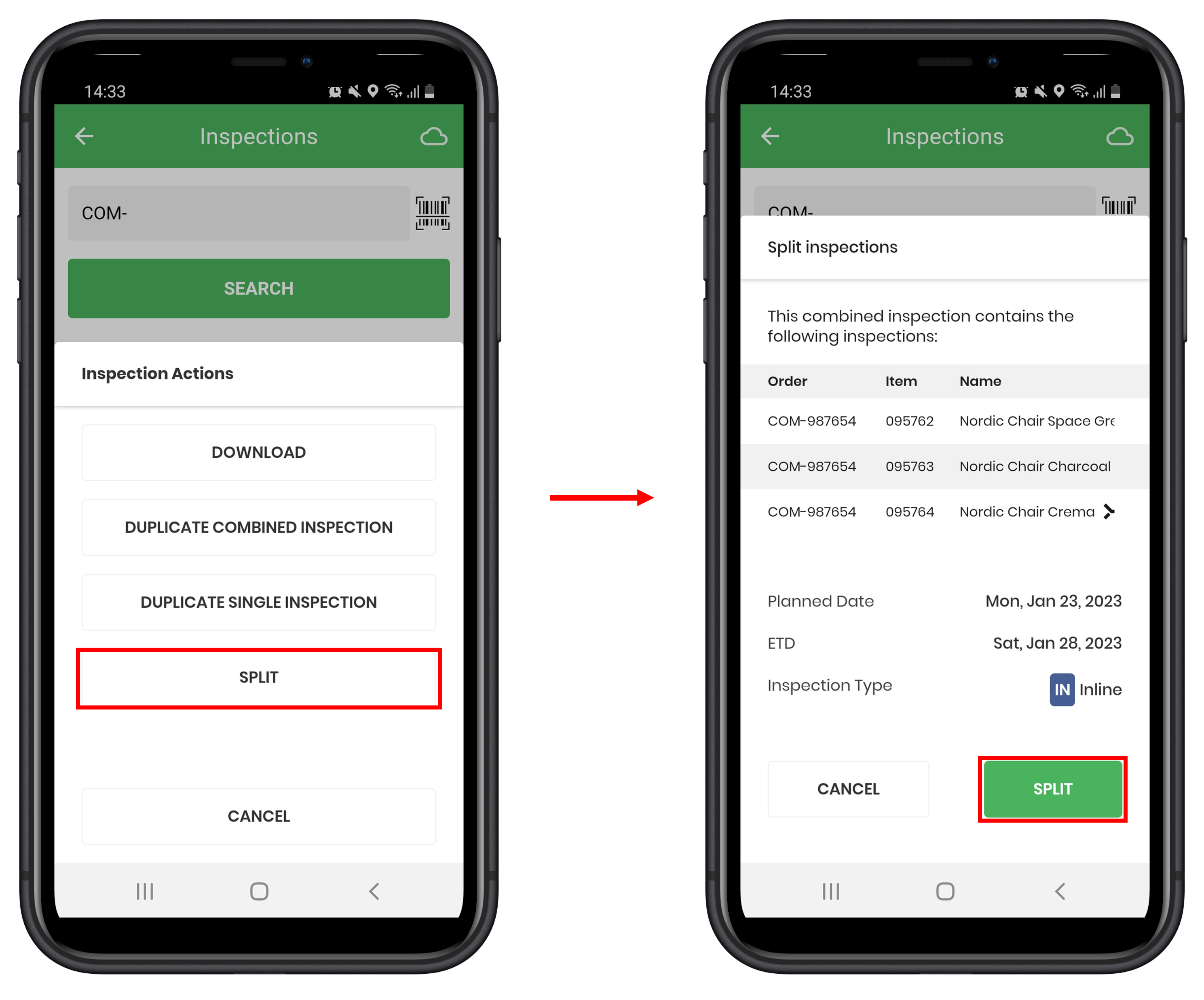 Split combined inspection (app) : Qarma support