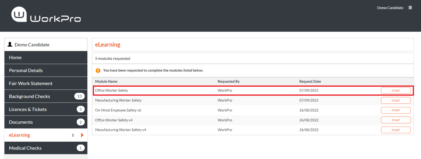 How do I complete a WorkPro learning module
