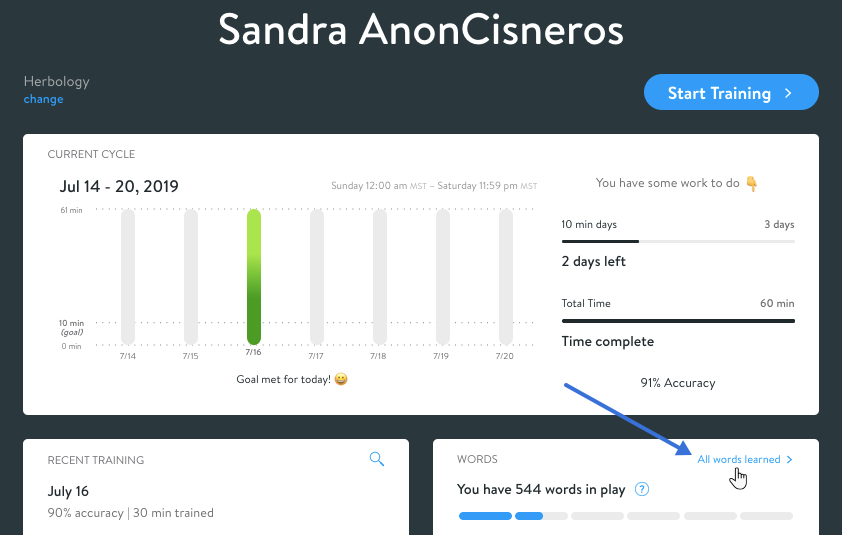 Viewing the words you've studied : Membean Support