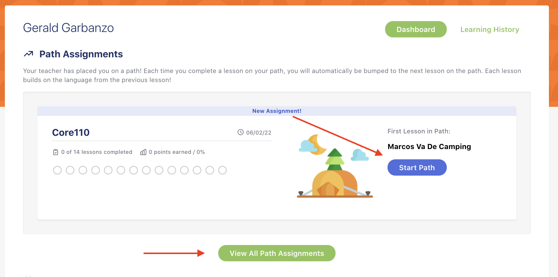 Learning Paths on the Student Dashboard : Garbanzo