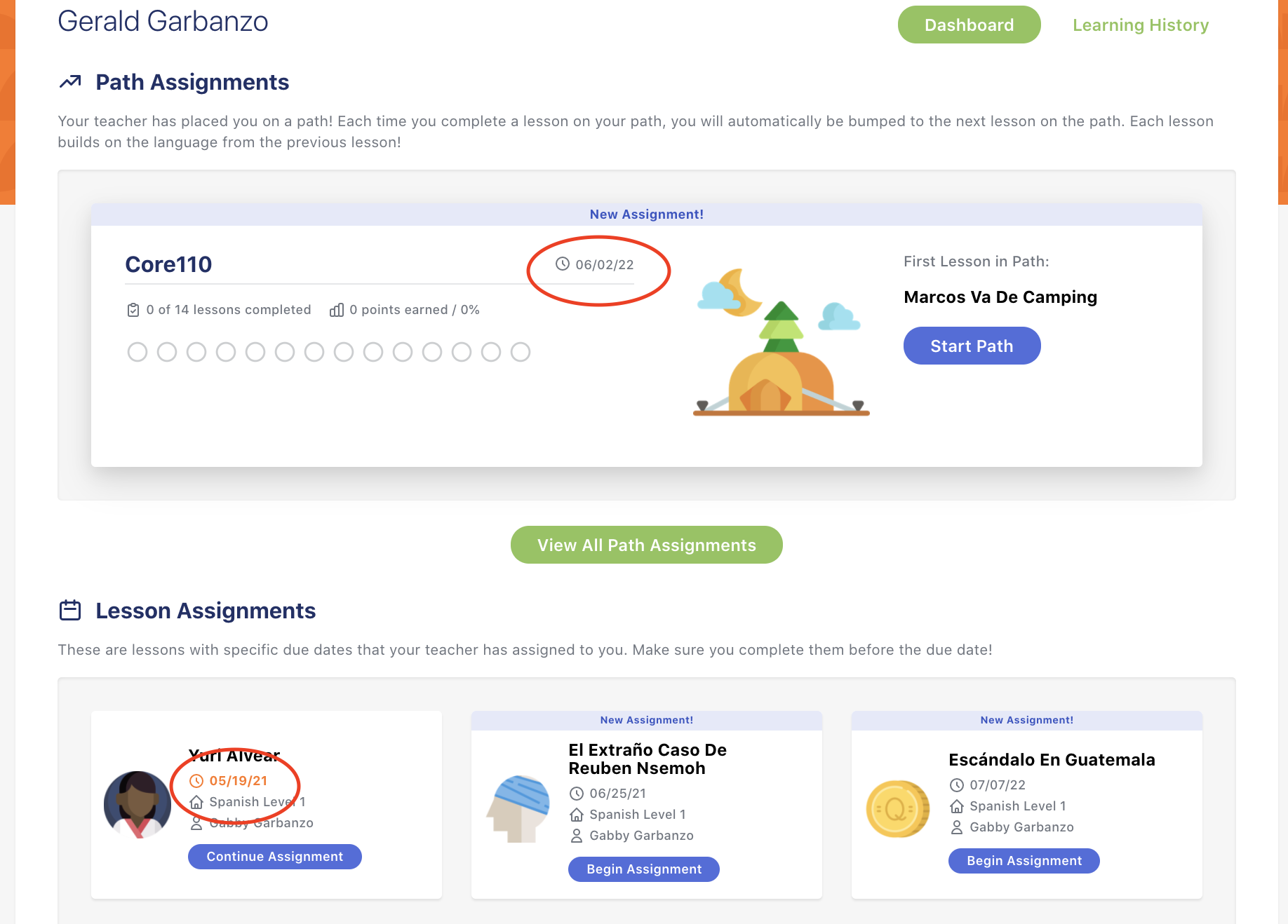 Learning Paths on the Student Dashboard : Garbanzo