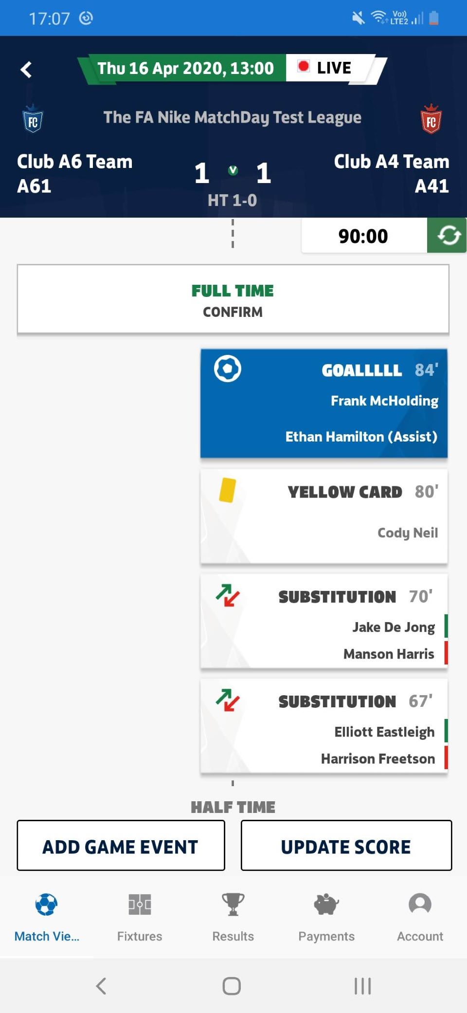 Live Match View on The FA Matchday App : Grassroots Technology