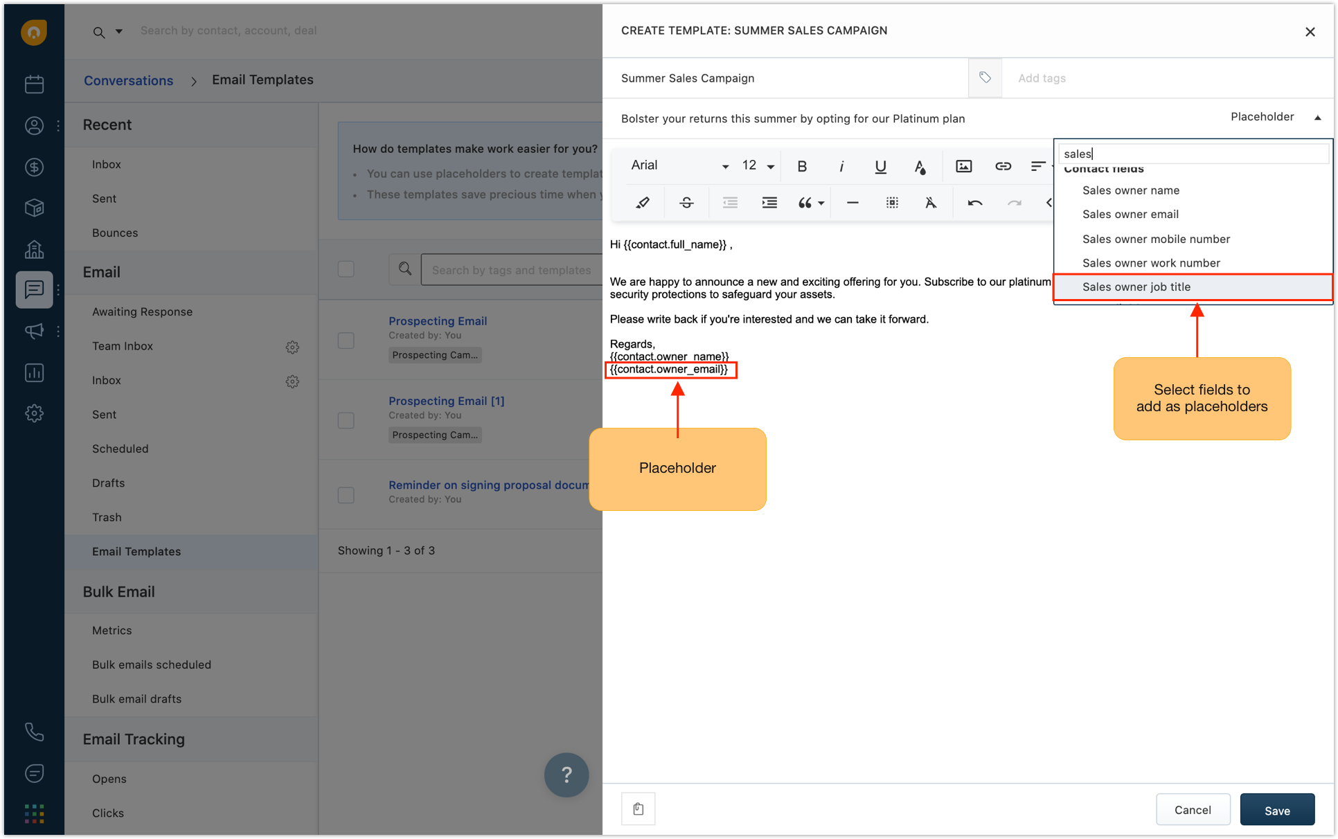 How to use email placeholders in sales emails? : FreshworksCRM