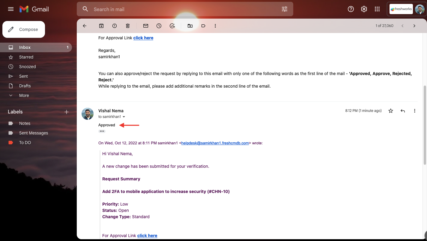 Service request and change approval via Email : Freshservice
