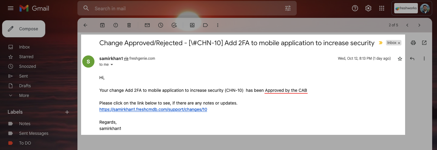 Service request and change approval via Email : Freshservice