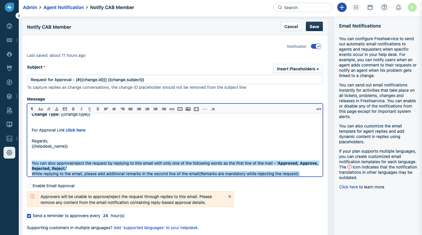Service request and change approval via Email : Freshservice