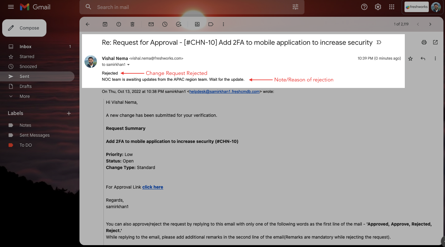 Service request and change approval via Email : Freshservice