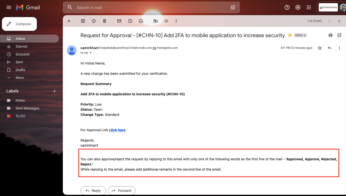 Service request and change approval via Email : Freshservice
