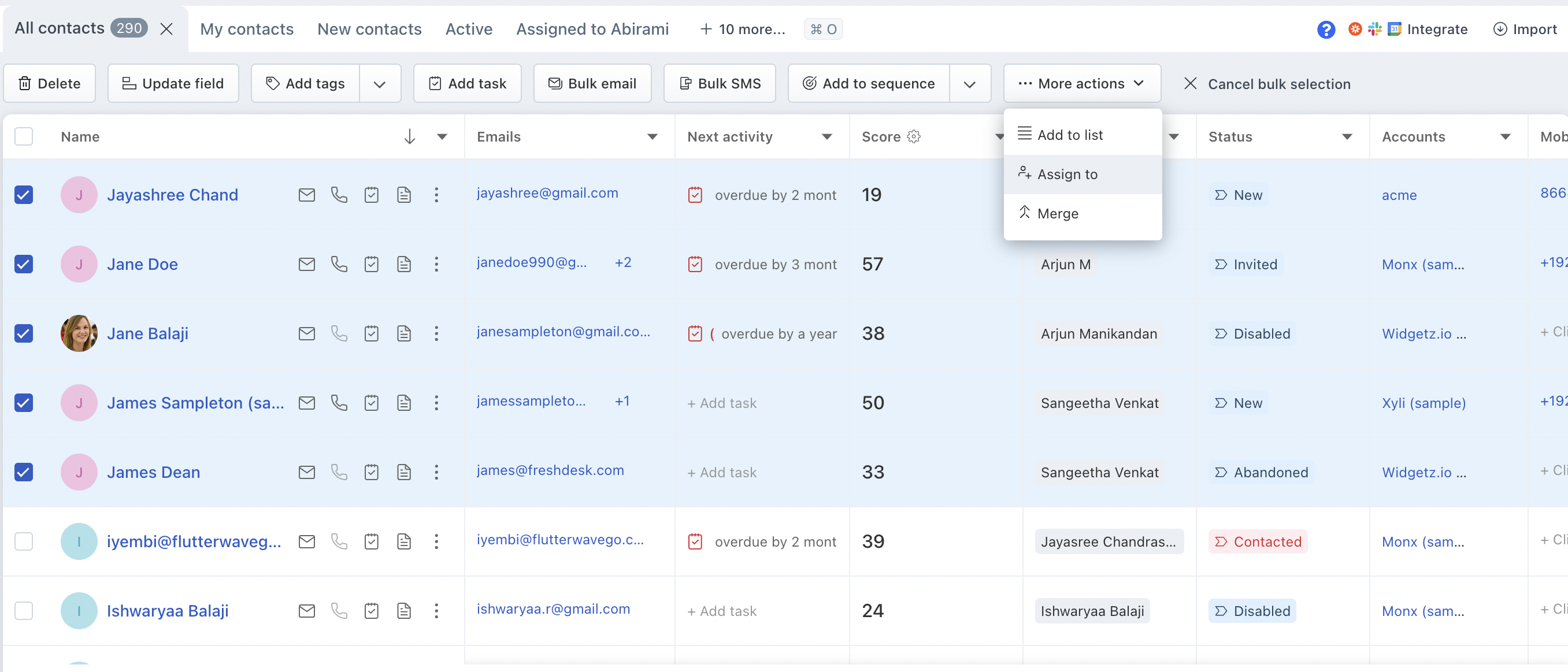 How to bulk assign contacts, accounts, and deals? : Freshsales