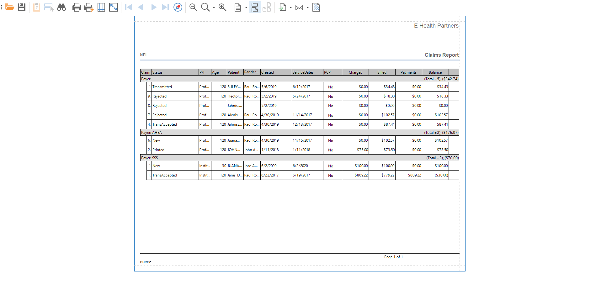 Billing / Print / Grid Print Preview (Claim Report) : EHRez Help Center - Español