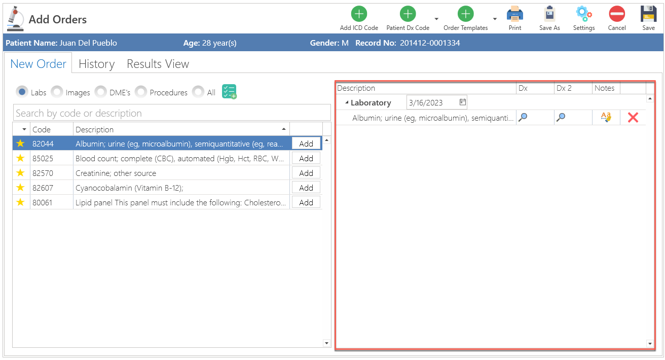 Advanced Progress Note / Orders / Add Orders : EHRez Help Center - Español