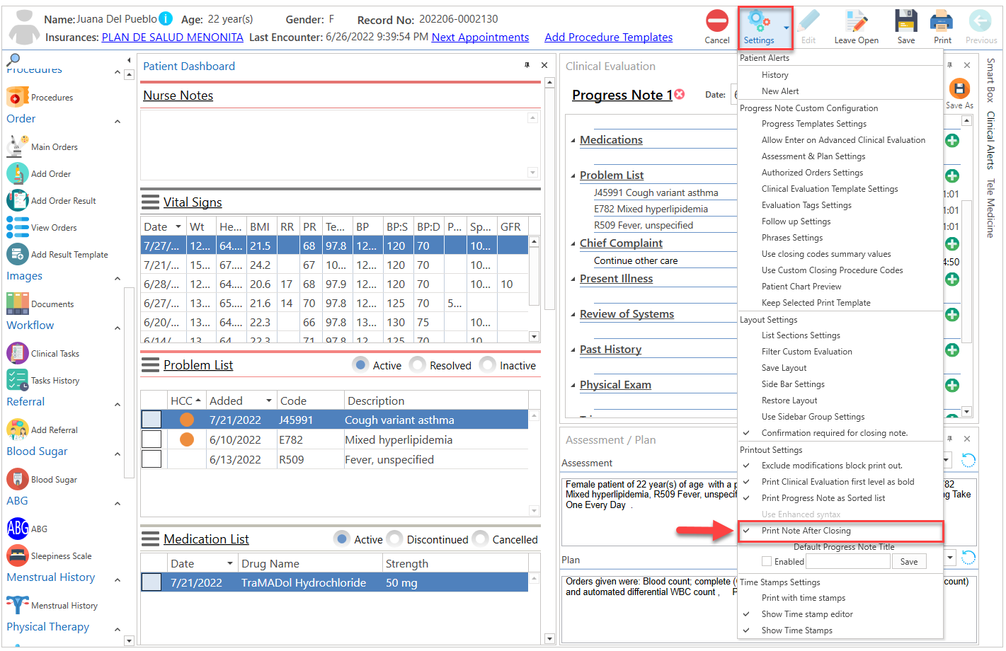 Advanced Progress Note / Settings / Print Note After Closing : EHRez ...