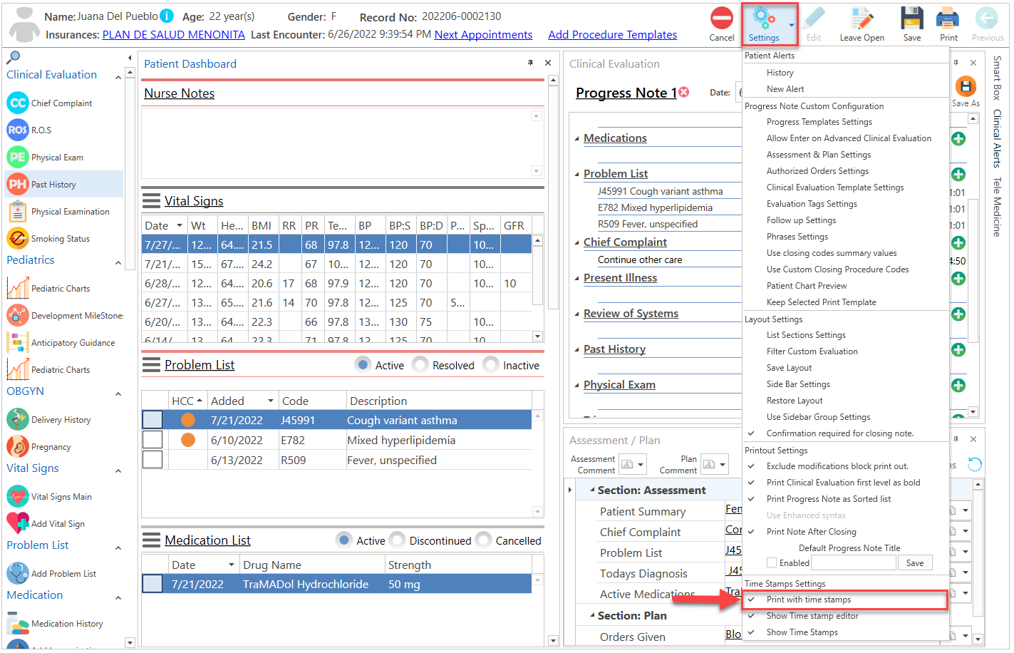 Advanced Progress Note / Settings / Print with time stamp : EHRez Help ...