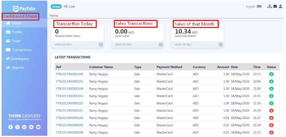 Get to know your Dashboard Home page : PayTabs Support Portal