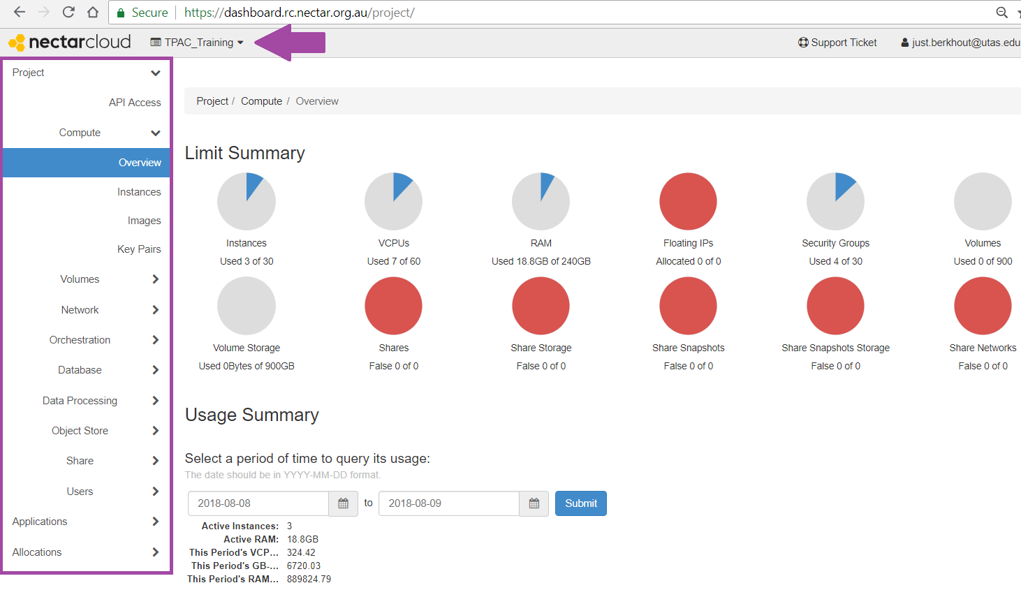 Nectar Research Cloud Dashboard : ARDC Support