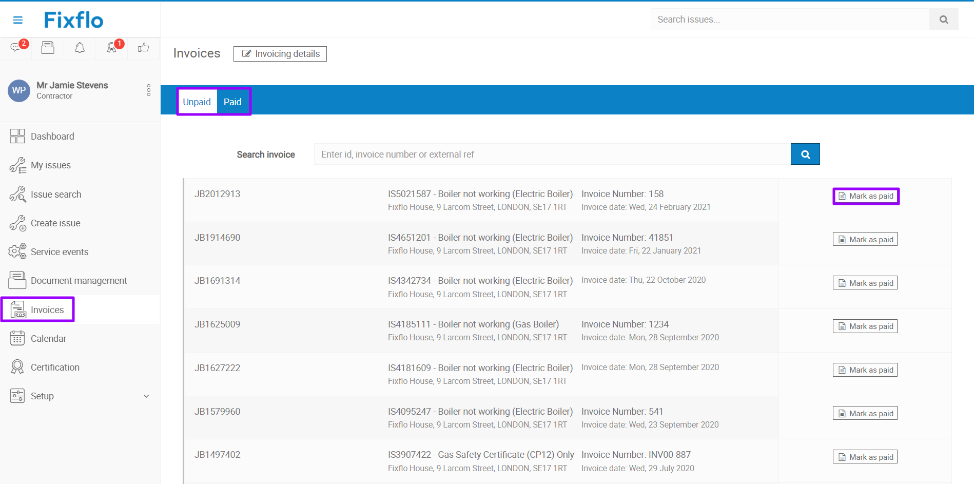How contractors can track invoices in Fixflo : Contractor help