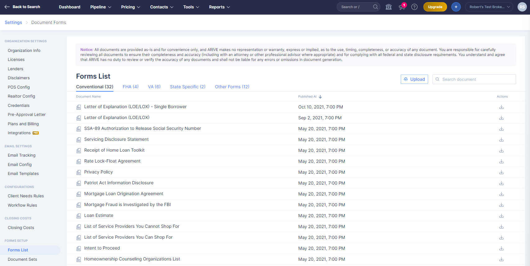 Company Settings : ARIVE.Next