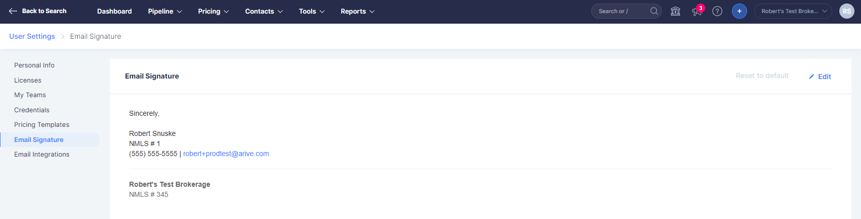 User Settings : ARIVE.Next