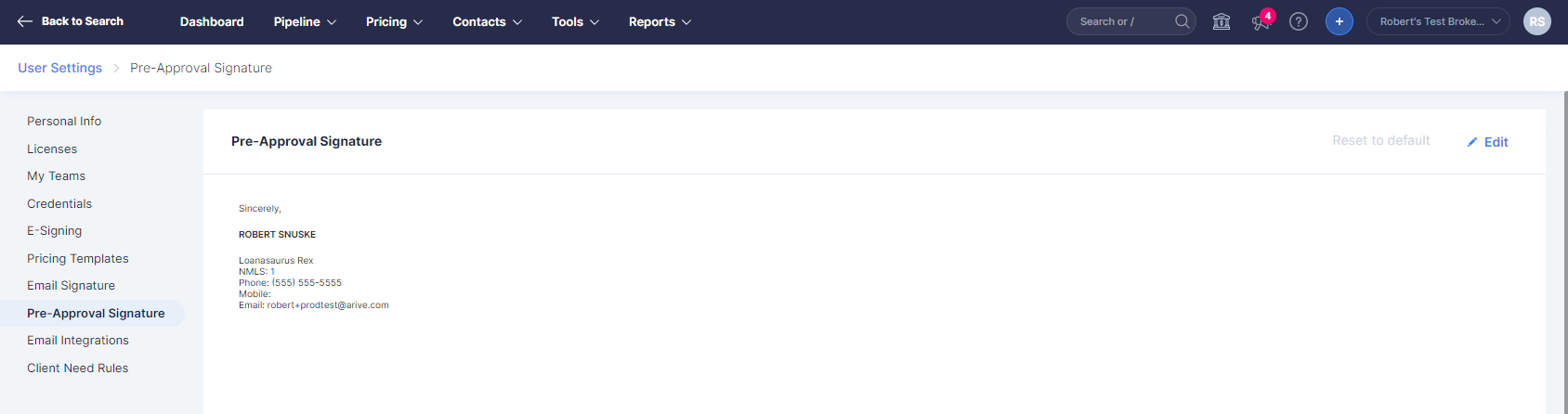 User Settings : ARIVE.Next