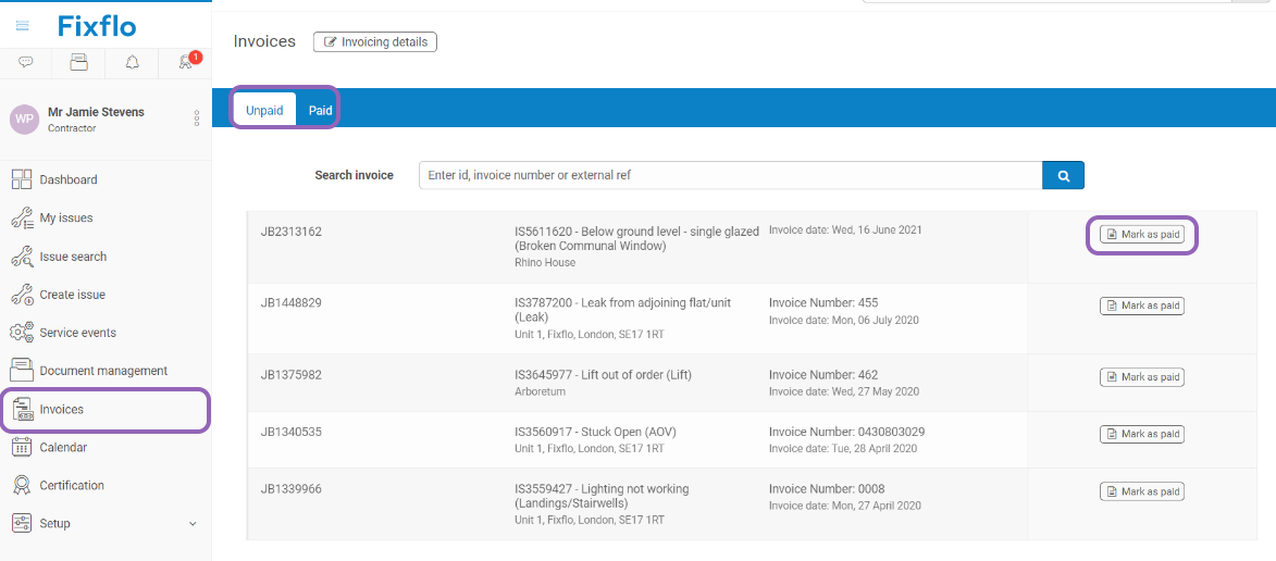 How contractors can track invoices in Fixflo : Contractor help