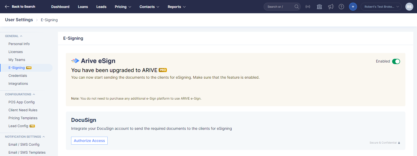 User Settings : ARIVE.Next