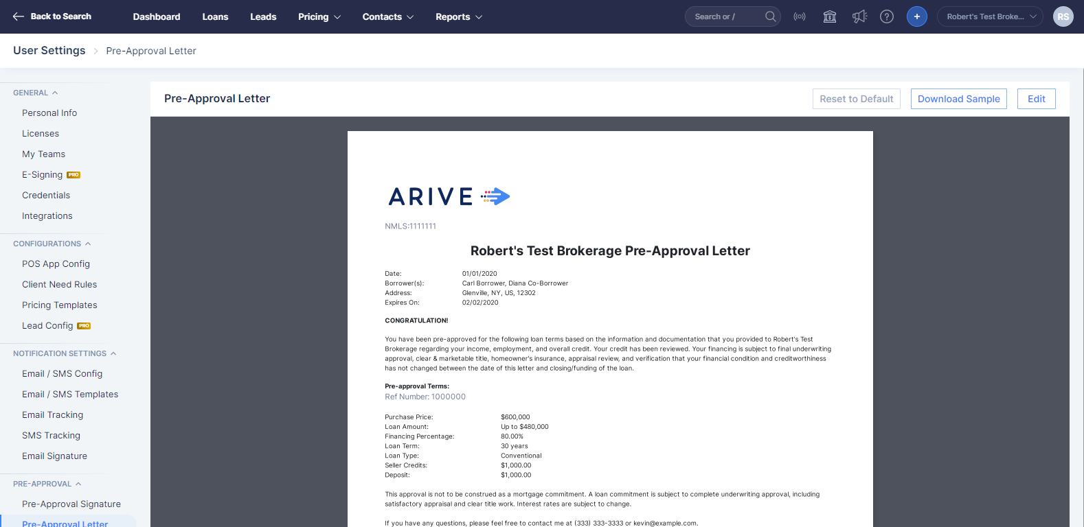 User Settings : ARIVE.Next