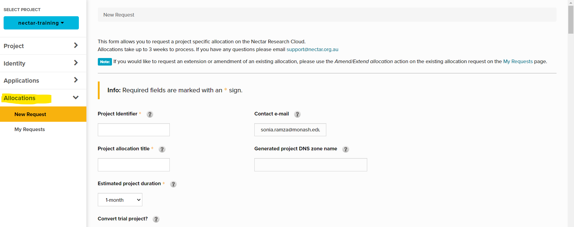 Nectar Research Cloud Dashboard : ARDC Support