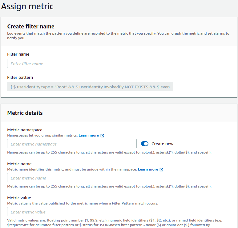 log metric filter and alarm exist for usage of "root" : iCompaas Support