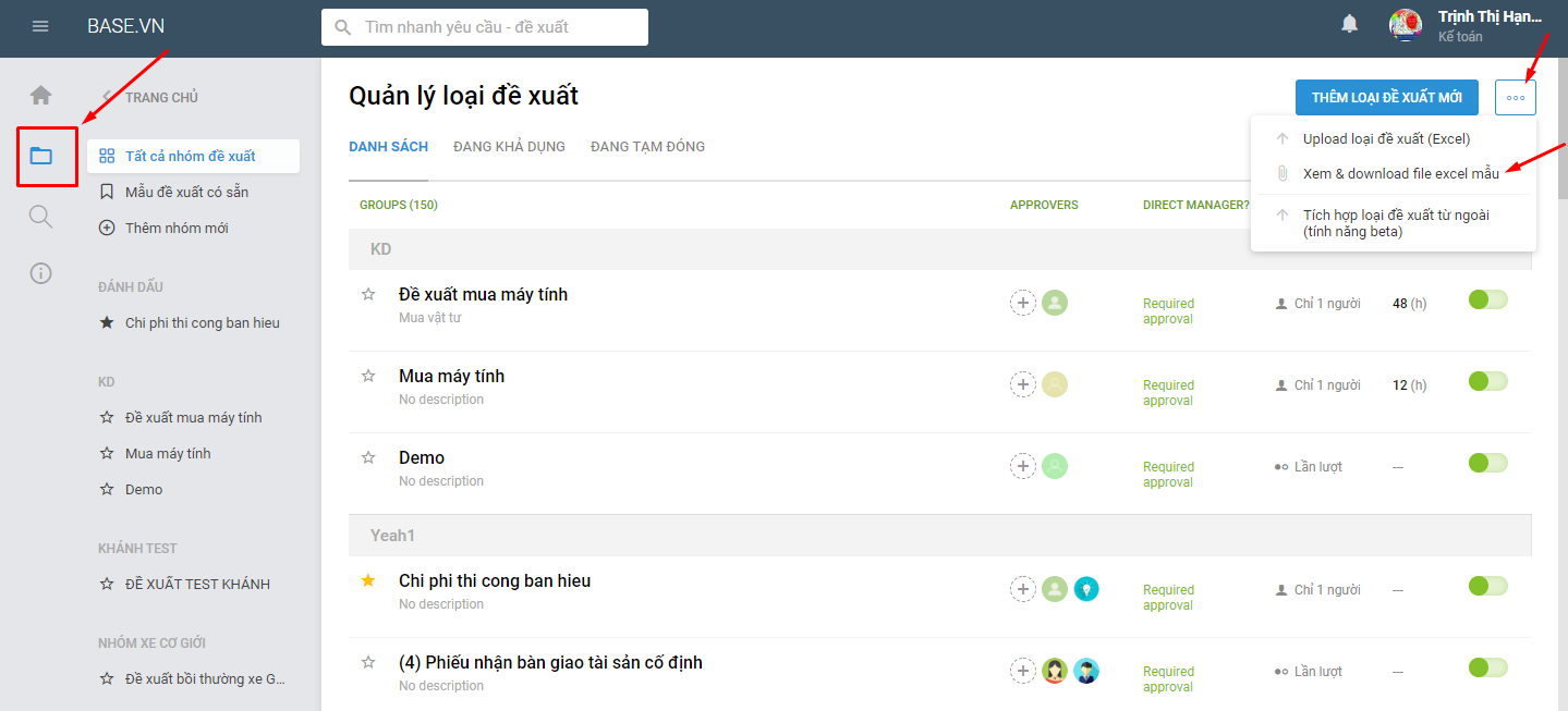 Base Request: Tạo nhóm đề xuất bằng file excel : Base.vn