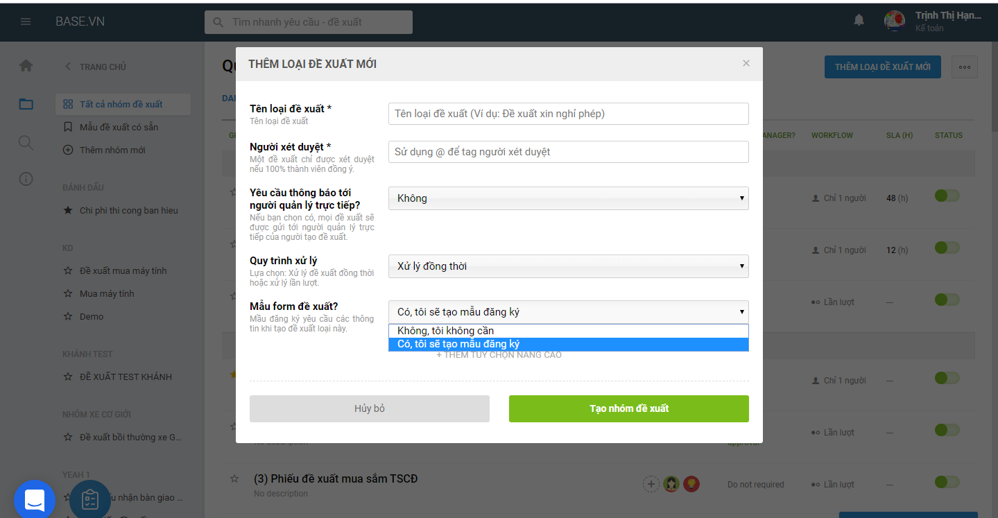 Base Request: Tạo nhóm đề xuất trên Request : Base.vn