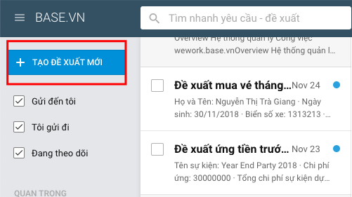 Base Request: Tạo một đề xuất mới : Base.vn