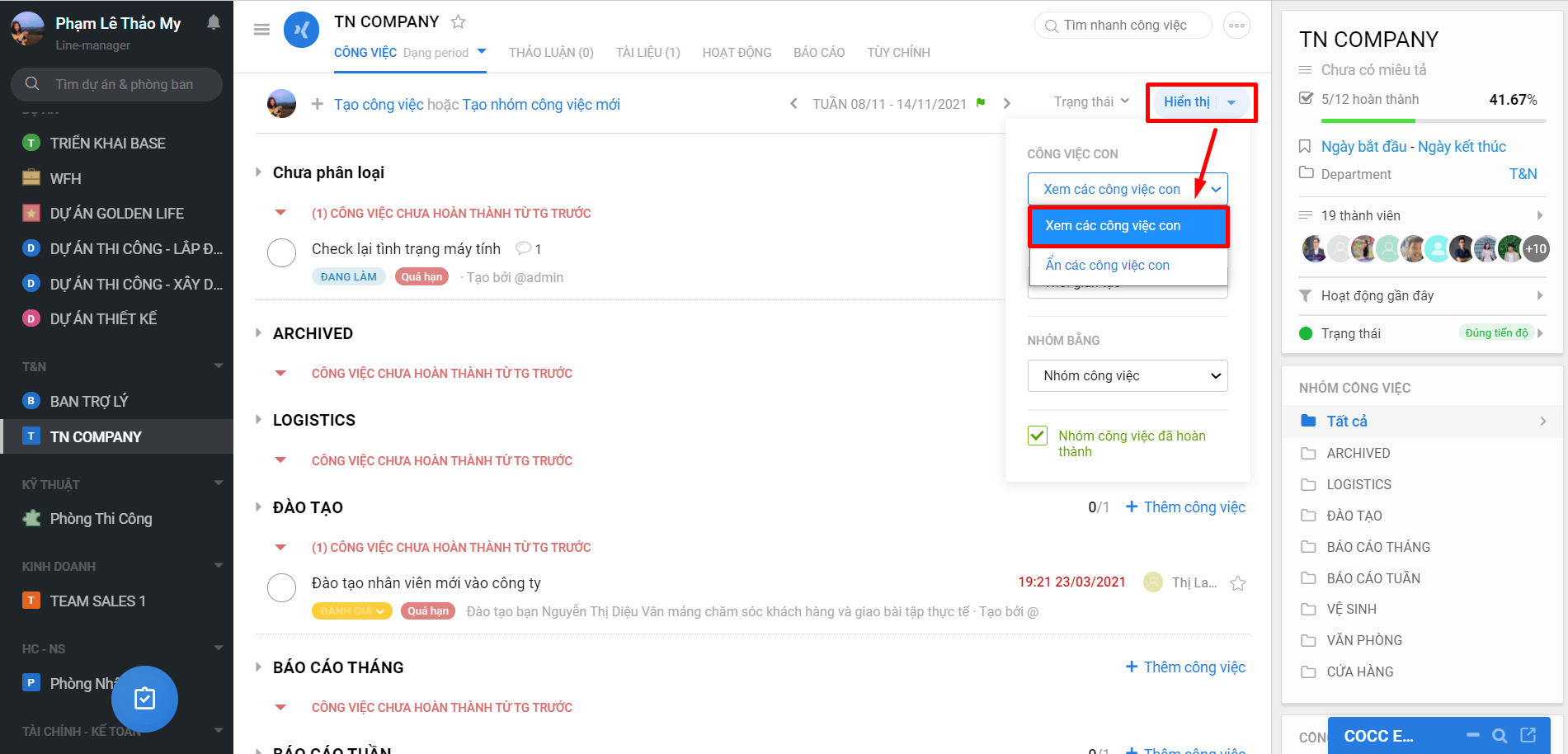 Base Wework: Thiết lập hiển thị công việc con (subtasks) trong Dự án ...