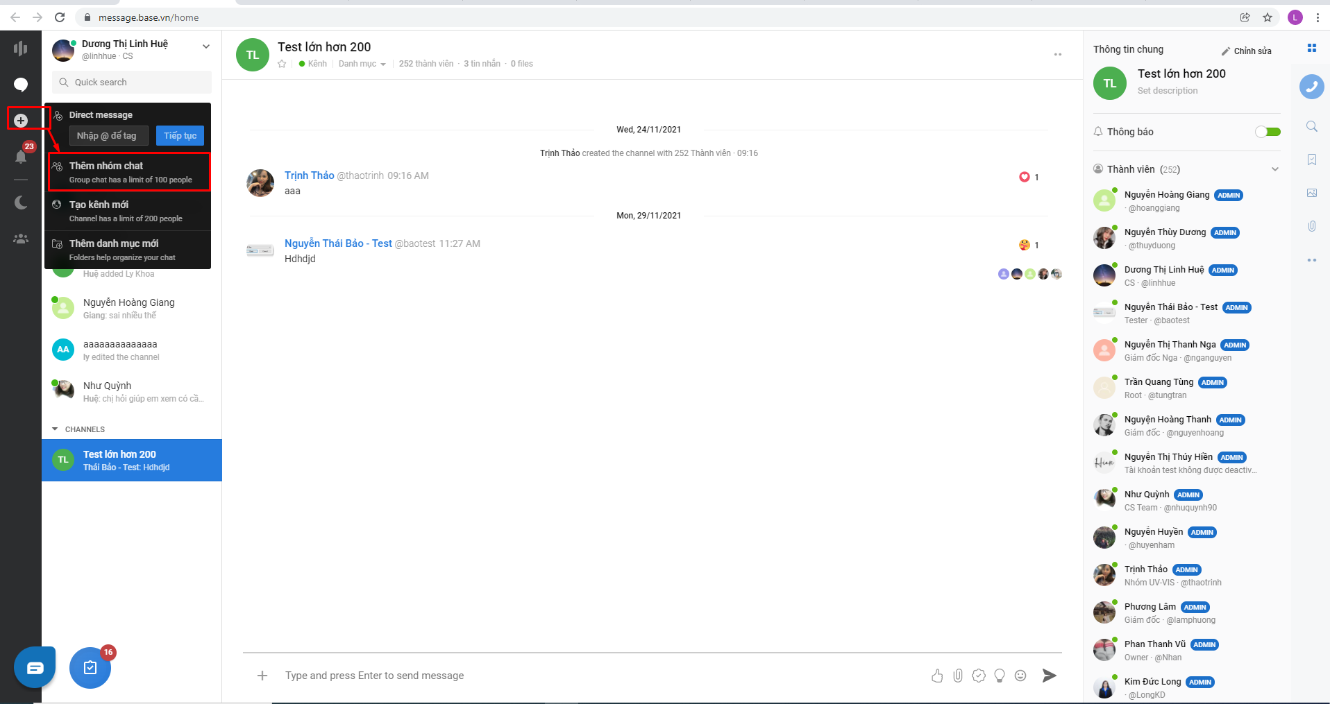 Base Message: Cách thêm nhóm chat/ kênh chat : Base.vn