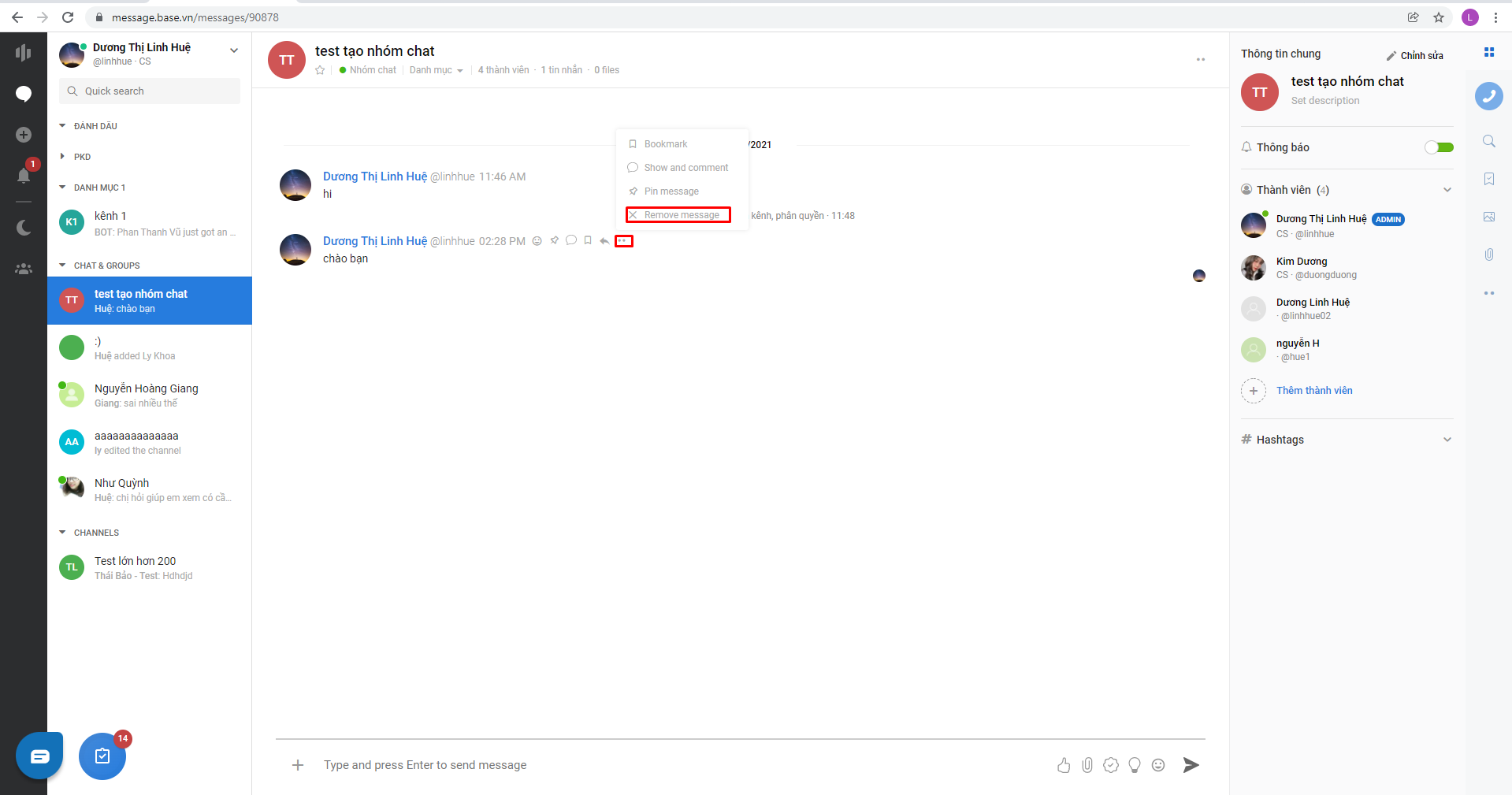 Base Message: Cách xóa tin nhắn đã gửi : Base.vn