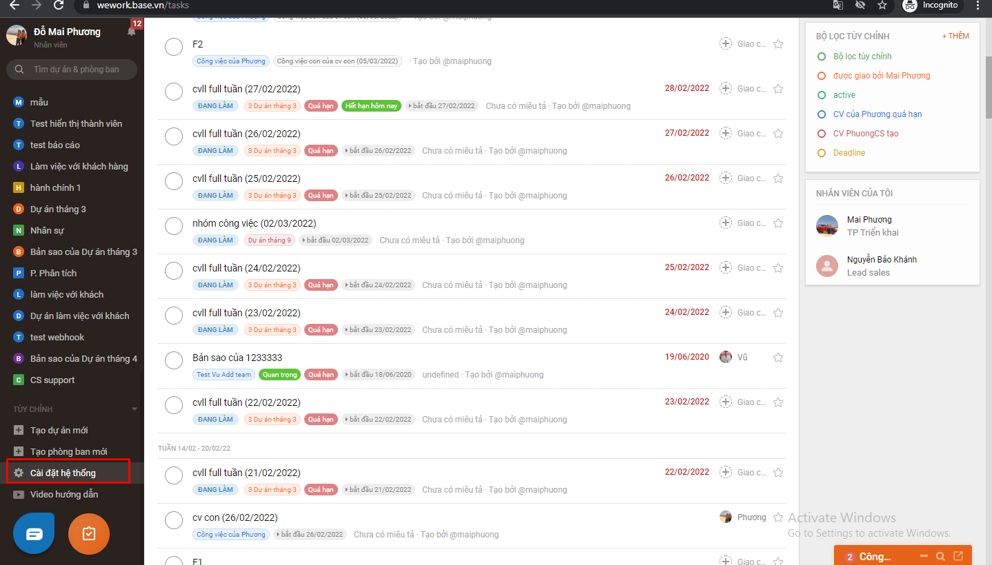 Base Wework: Phân quyền tạo phòng ban/ dự án : Base.vn