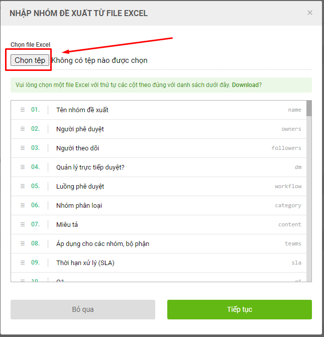 Base Request: Tạo nhóm đề xuất bằng file excel : Base.vn